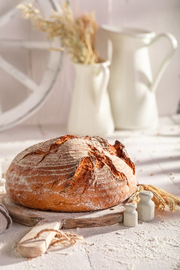 Rustic Round Loaf Bread in a Home Bakery Stock Photo - Image of baker ...