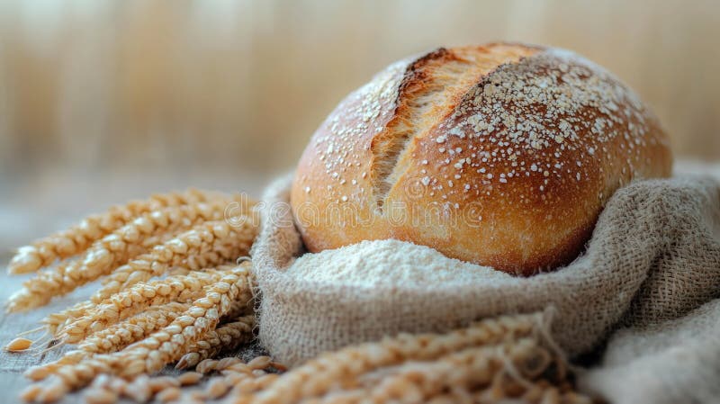 Rustic Round Loaf with Wheat and Flour on Linen Display Stock Photo ...