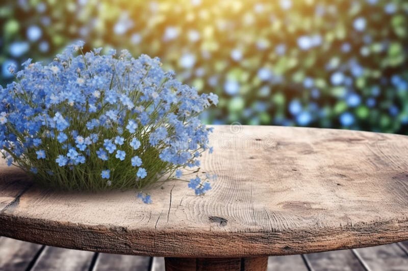 Rustic Round Table with a Backdrop of Delicate Blue Forget-me-nots ...