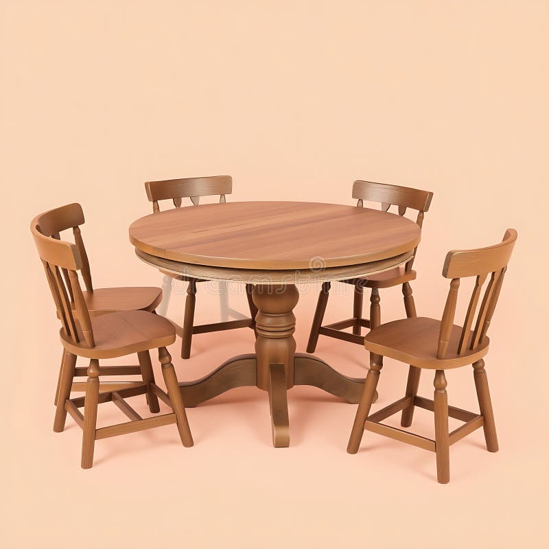 A Rustic Round Table with Matching Wooden Chairs, Displayed on a Pastel ...