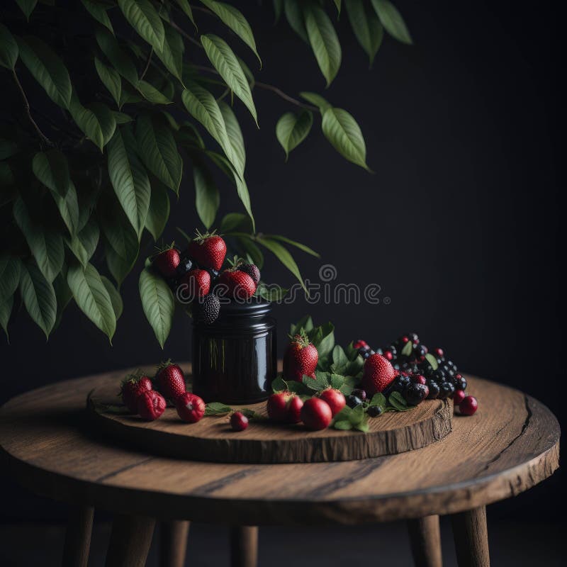 Rustic Round Table Top with Forest Berries Fruits, Modern Background ...