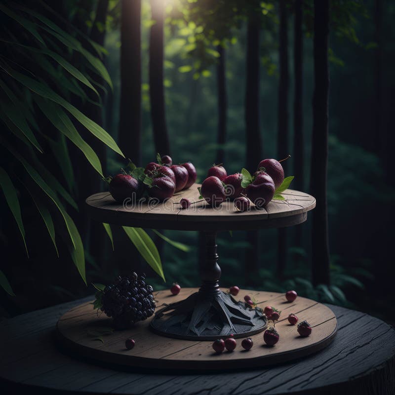 Rustic Round Table Top with Forest Berries Fruits, Modern Background ...