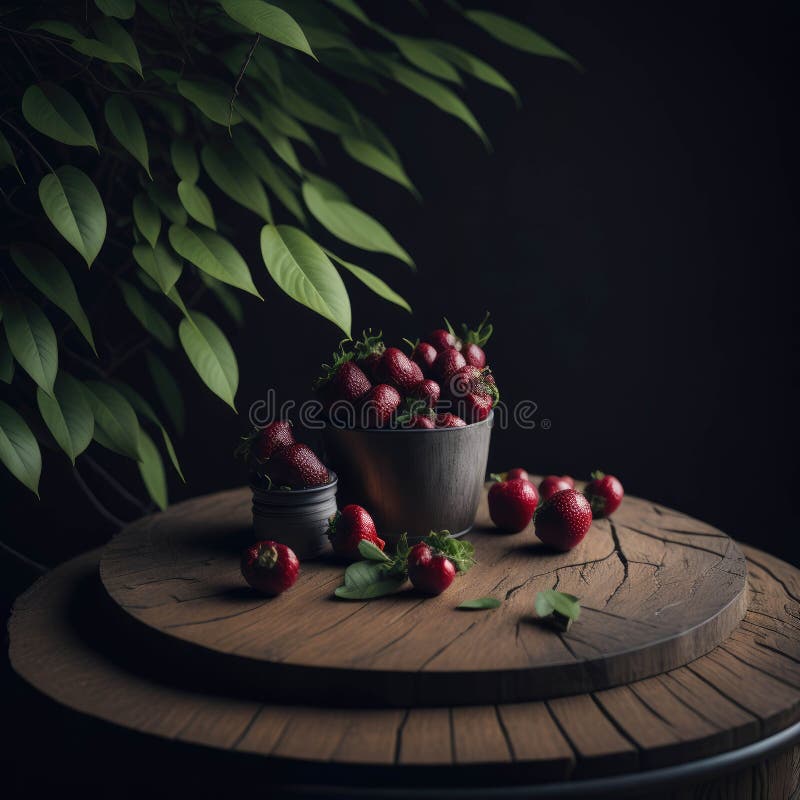 Rustic Round Table Top with Forest Berries Fruits, Modern Background ...