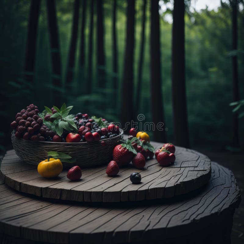 Rustic Round Table Top with Forest Berries Fruits, Modern Background ...