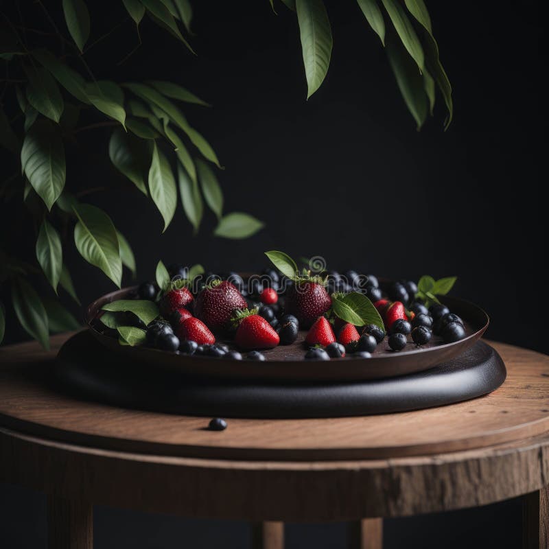 Rustic Round Table Top with Forest Berries Fruits, Modern Background ...