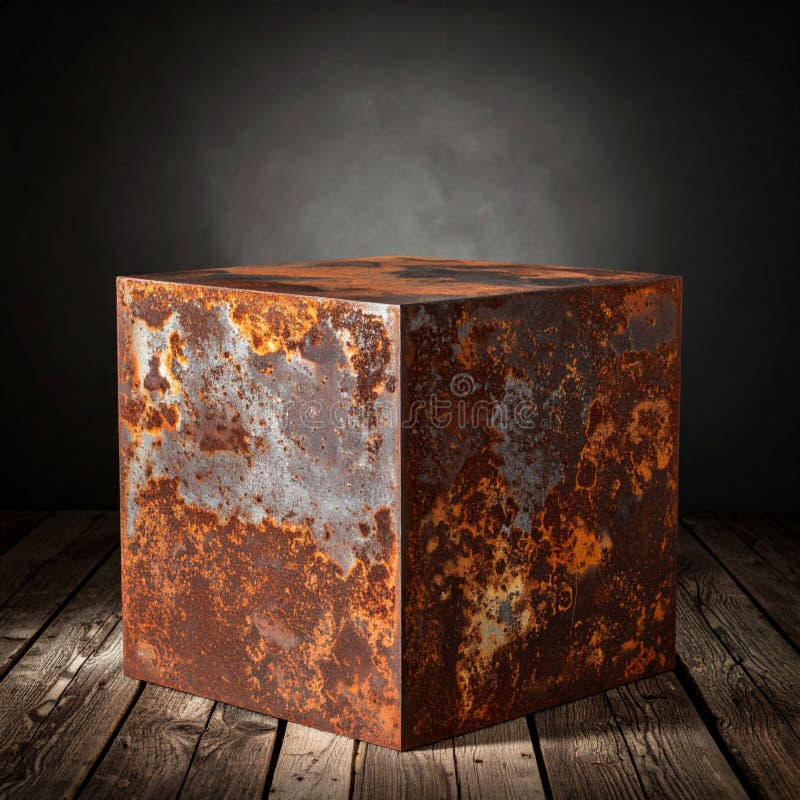 Rustic Rusted Metal Cube on Wooden Floor Stock Illustration ...