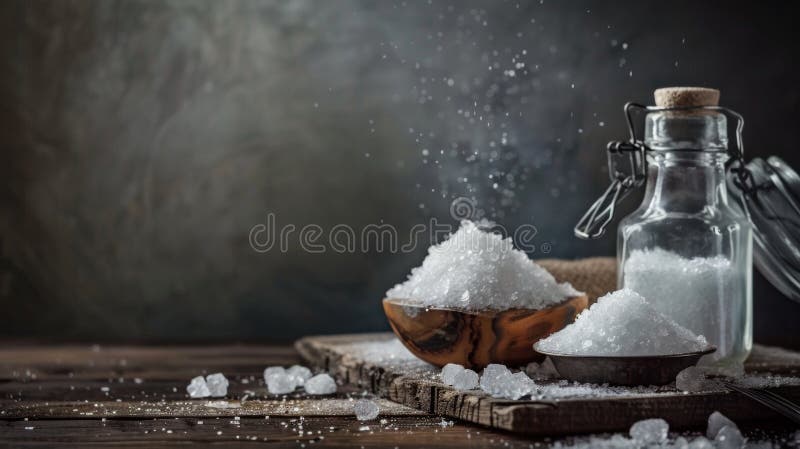Rustic Salt Crystals in Bowls on Wooden Table Stock Image - Image of ...