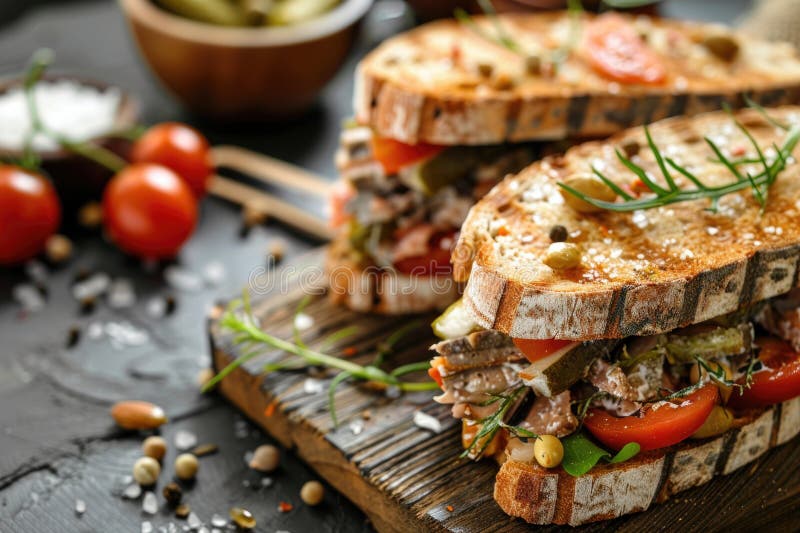 Rustic Sandwich with Smoked Fish, Fresh Vegetables, and Arugula on ...