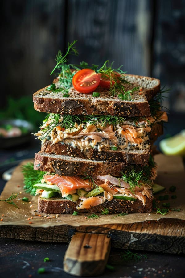 Rustic Sandwich with Smoked Fish, Fresh Vegetables, and Arugula on ...
