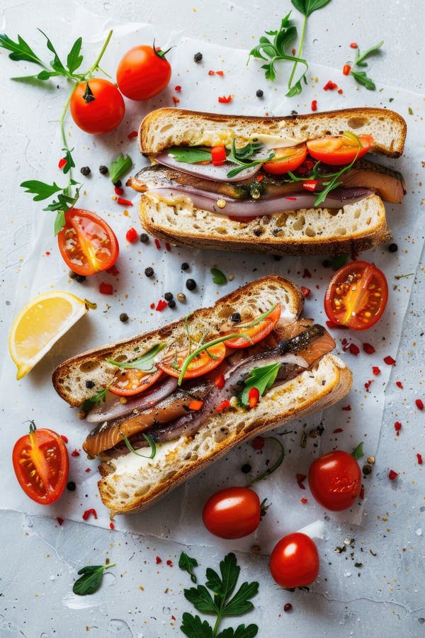 Rustic Sandwich with Smoked Fish, Fresh Vegetables, and Arugula on ...