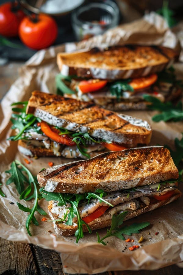 Rustic Sandwich with Smoked Fish, Fresh Vegetables, and Arugula on ...