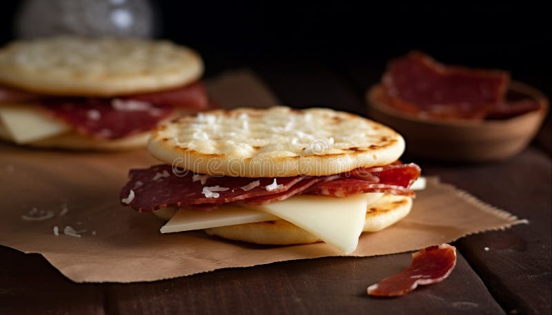 Rustic Sandwich Stack on Wooden Table, Bacon, Prosciutto, Pork ...