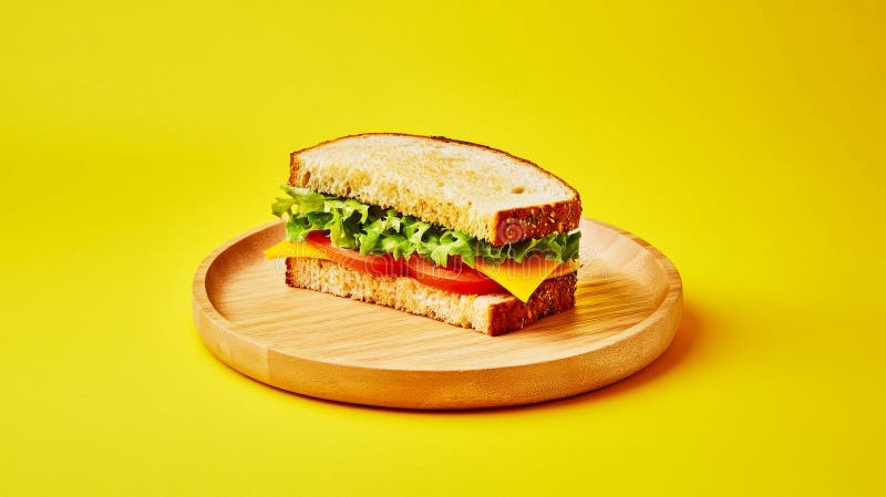 Rustic Sandwich on a Wooden Plate Against a Vibrant Yellow Backdrop in ...