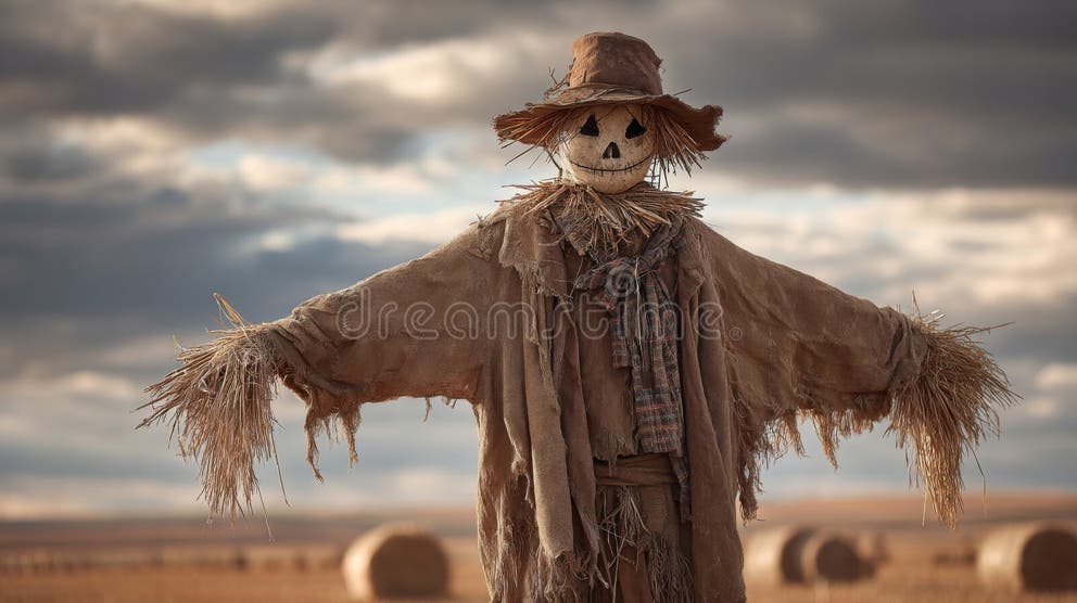 Rustic Scarecrow in a Brown Field Under a Cloudy Sky Stock Illustration ...