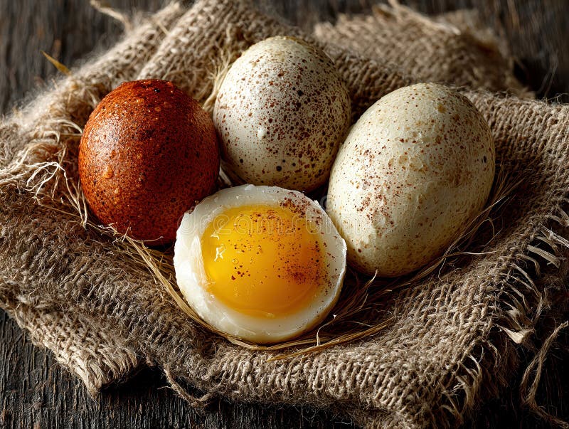 Rustic Scene with Cracked Eggs on Straw Mat, Focused Around Two Freshly ...