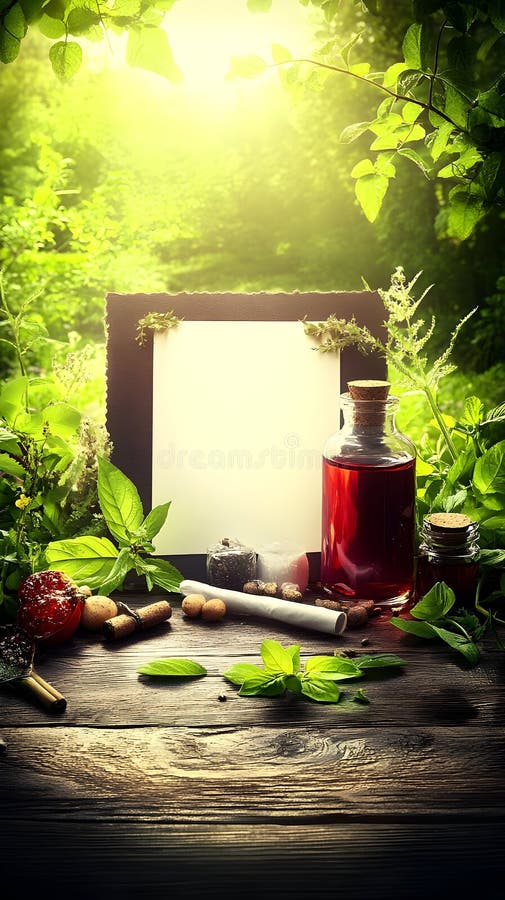 A Rustic Scene Featuring a Bottle of Herbal Liquid, Surrounded by ...