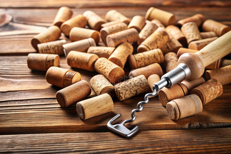 Bunch of Wine Corks and Corkscrew. Wine Corks and Corkscrew on Wooden ...