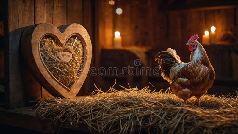 Romantic Rustic Rooster and Heart-Shaped Hay Bale Stock Illustration ...