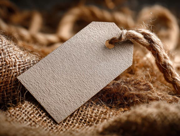 Rustic Scene Featuring a Folded Burlap Sack with a Hanging Paper Tag ...
