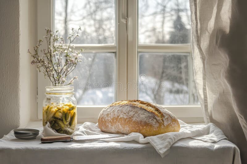 A Rustic Scene Featuring Freshly Baked Bread, Pickled Vegetables, and a ...