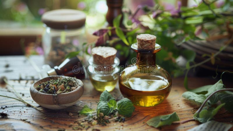 Essential Oils and Dried Herbs on a Wooden Table in a Natural Setting ...