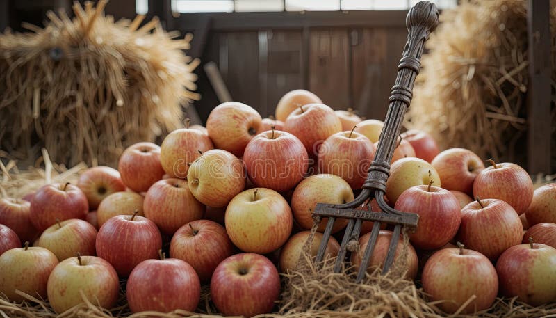 A Rustic Scene Featuring a Pile of Fresh Apples Stacked on Hay with a ...