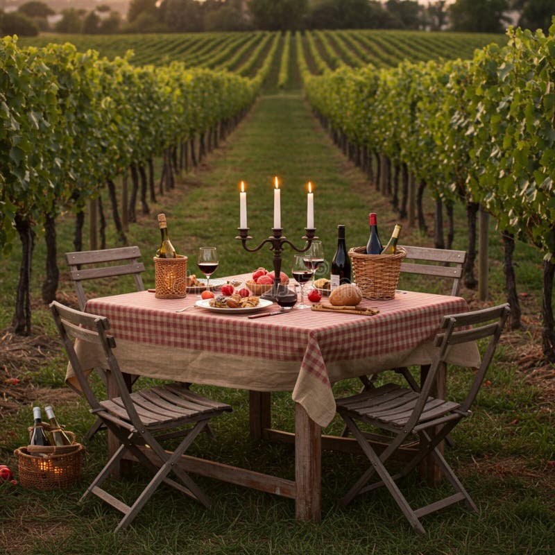 A Rustic Scene Featuring a Wooden Dining Table Set in a Vineyard Stock ...