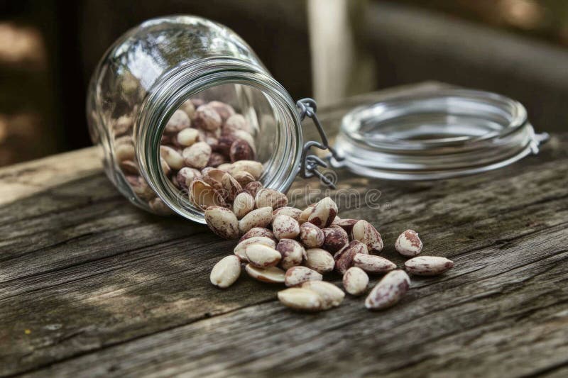 Rustic Scene with Pinto Beans Spilling from a Jar on Wooden Table Stock ...