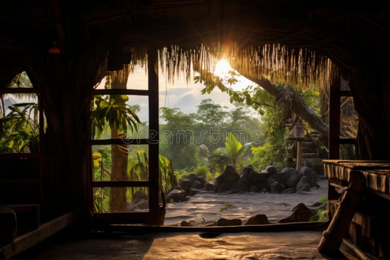 Rustic Scenery View from Inside Hut. Generate Ai Stock Illustration ...