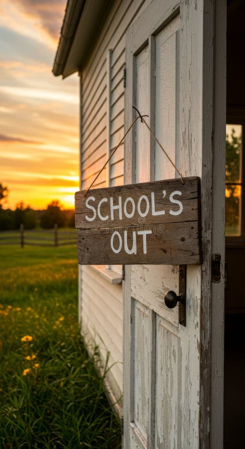 Rustic Schoolhouse at Sunset with School S Out Sign Stock Illustration ...