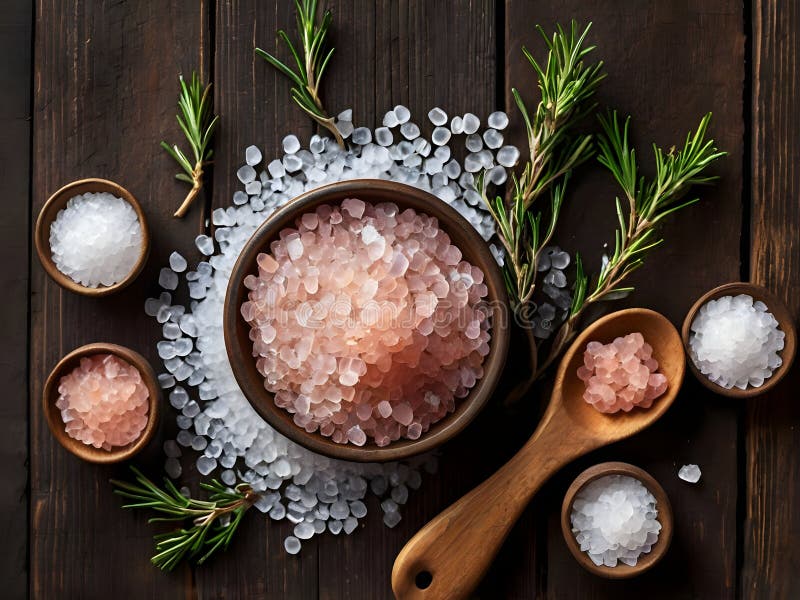 Rustic Sea Salt Display with Rosemary Stock Illustration - Illustration ...