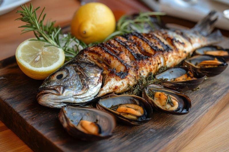 Rustic Seafood Platter Featuring Grilled Fish, Shellfish, Fresh Herbs ...