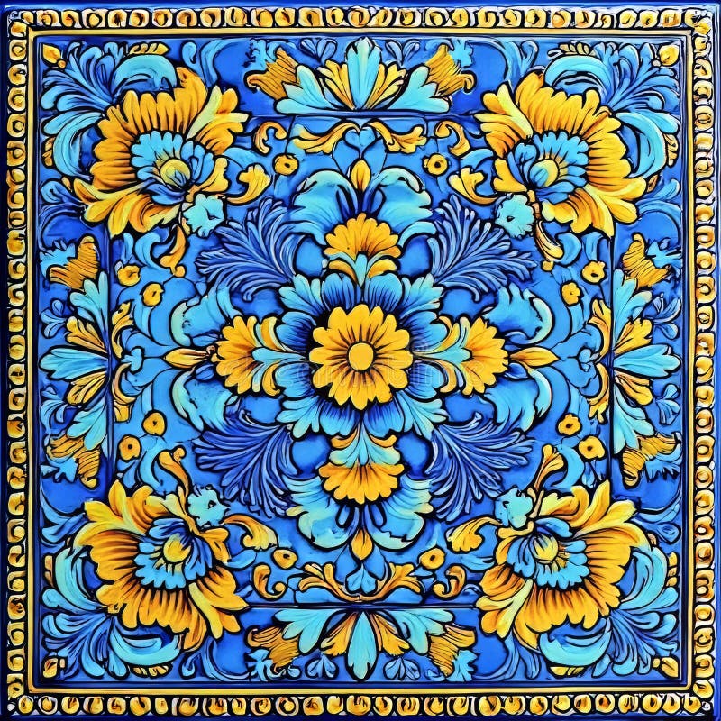 Rustic Seamless Pattern with Blue and Yellow Azulejos Tiles, Designed ...