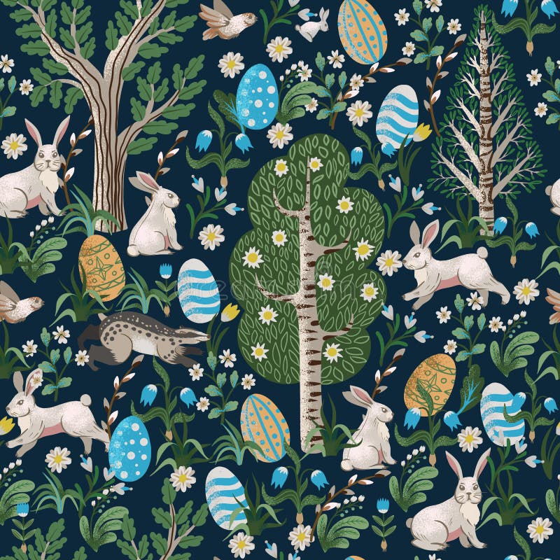 Rustic Seamless Pattern with Trees, Rabbits, Eggs and Other. Easter ...