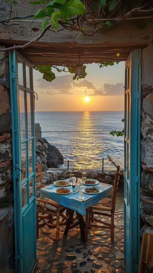 Rustic Seaside Dining Area with a Stunning Ocean View Stock ...