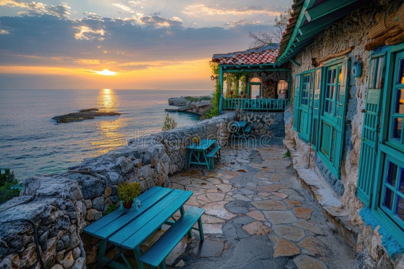 Rustic Seaside Dining Area with a Stunning Ocean View Stock ... Rustic Seaside Dining Area with a Stunning Ocean View Stock ...