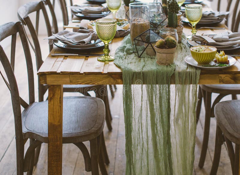 Rustic Serving with Wood and Plant Decor Stock Image - Image of fabric ...