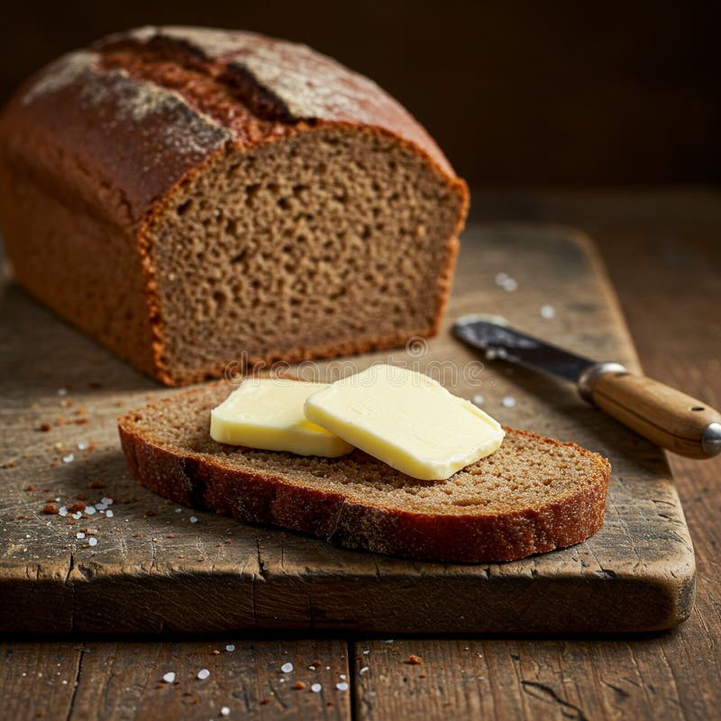 A Rustic Setting Features a Loaf of Brown Bread with a Slice Topped by ...