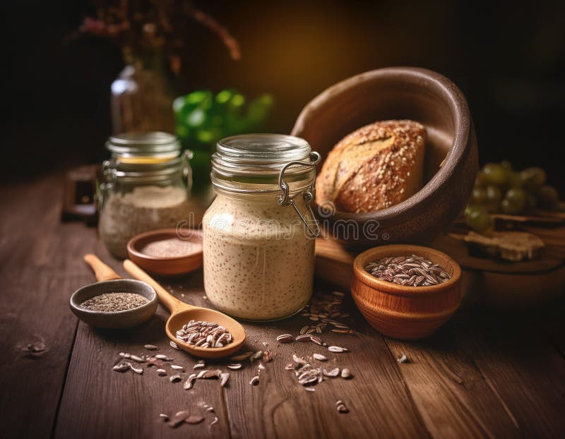 A Rustic Setting Featuring a Jar of Sourdough Starter, Fresh Bread, and ...