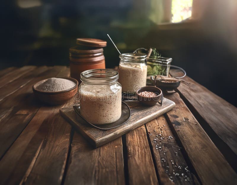 A Rustic Setting Featuring a Jar of Sourdough Starter and Various Seeds ...