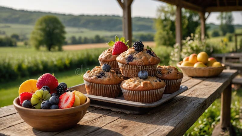 A Rustic Setting Featuring Muffins and Fresh Fruits on a Wooden Table ...