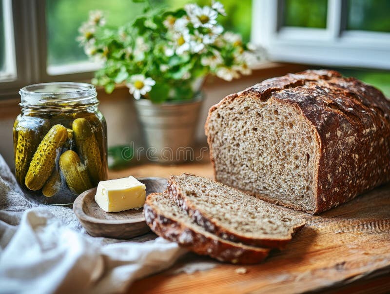 A Rustic Setting Featuring Sliced Bread, Butter, Pickles, and Flowers ...