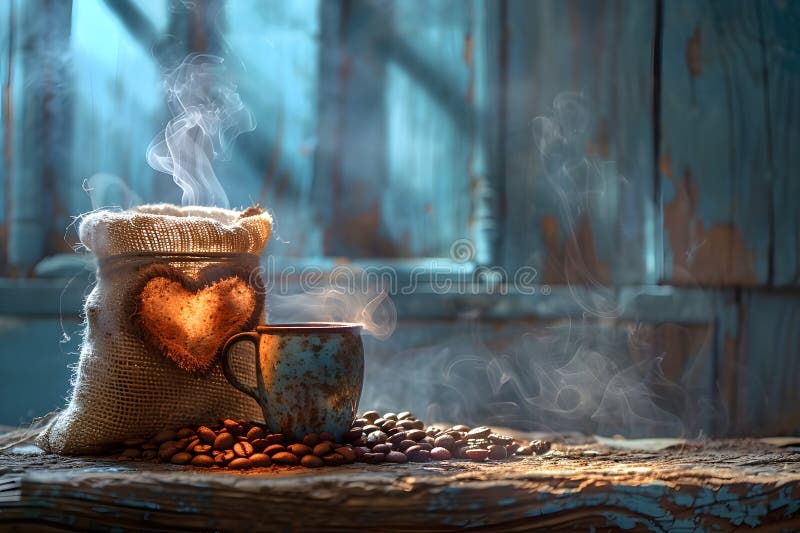 Rustic Morning Coffee Vibes with Heart-Shaped Burlap Design for Cozy ...