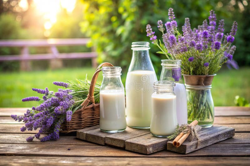Rustic Setting with Fresh Milk Bottles and Lavender on Wooden Table ...