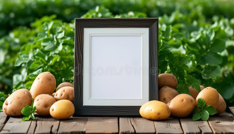 A Rustic Setting with Fresh Potatoes and an Empty Frame in Lush ...