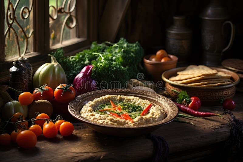 Rustic Setting of Hummus and Vegetables on Table Stock Illustration ...