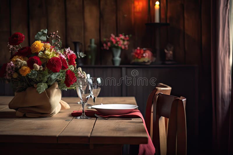 Rustic Setting with Wooden Table, Red Napkin and Vase of Flowers Stock ...