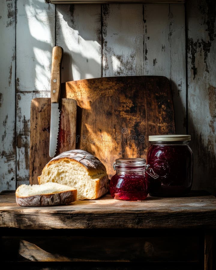 A Rustic Setup Featuring Artisanal Bread, Jam Jars, and a Wooden ...