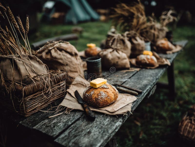 A Rustic Setup Featuring Fresh Bread with a Pat of Butter on Top Stock ...