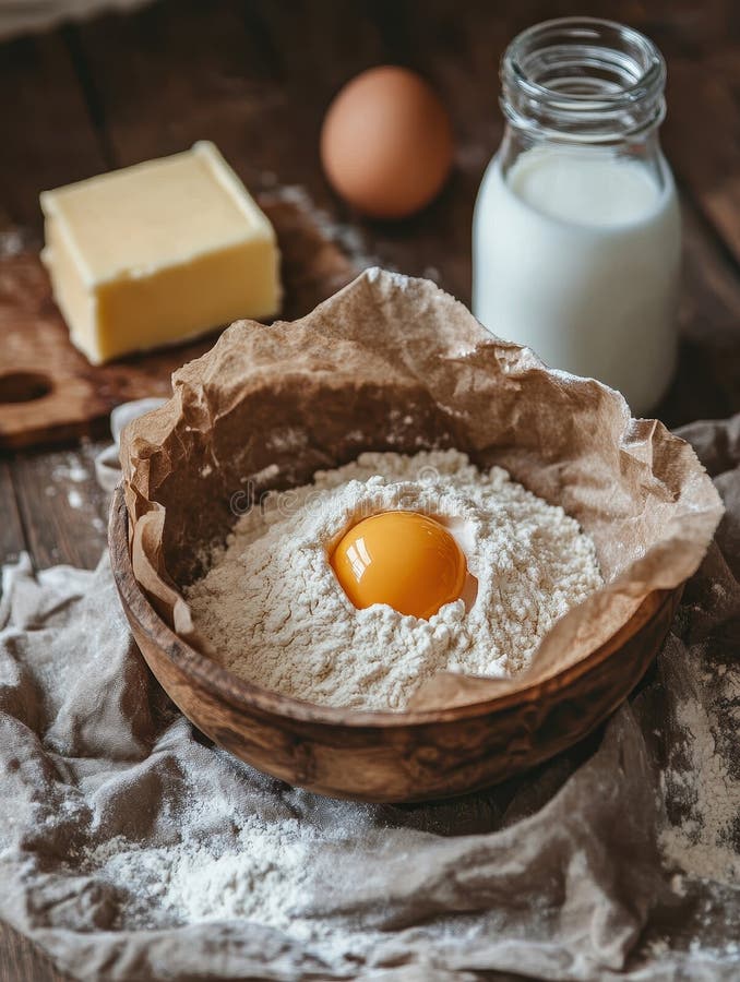 A Rustic Setup with Flour, an Egg, Butter, and Milk for Baking Stock ...